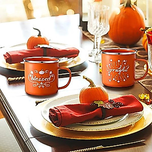 Uiifan 3 Pcs Fall Autumn Coffee Mugs 16 oz Enamel Pumpkin Mugs Cups Campfire Style Fall Mugs Grateful Thankful Tea Latte Mug for Thanksgiving Halloween Holiday Daily Supplies