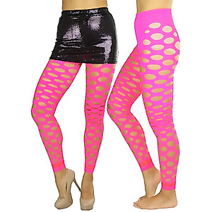 ToBeInStyle Women's Fishnet Slashed Leggings w/Footless Design - One Size - Hot Neon Pink