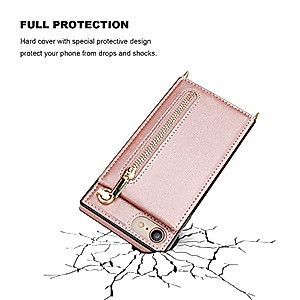 KIHUWEY iPhone SE 2020 iPhone 8 iPhone 7 Crossbody Wallet Case with 4 Card Slots,Wrist Strap Protective Kickstand Shoulder Cross Body Zipper Pocket Cover Case 4.7 Inch Rose Gold