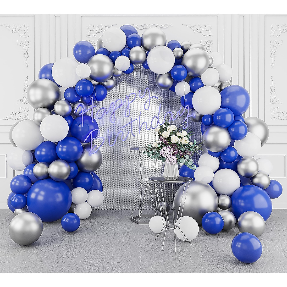 Dark Blue White Silver Balloons Arch Garland Kit-143Pcs Blue Balloon for Birthday Anniversary New Years Baby Shower Engagement Wedding Retirement Party Decoration