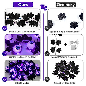 Ouddy Decor 2 Pack Lighted Halloween Garland, Total 20 FT 60 LED Black Maple Leaves Garland with Eyeballs Lights Waterproof Timer Battery Operated for Indoor Outdoor Home Halloween Decorations, Purple