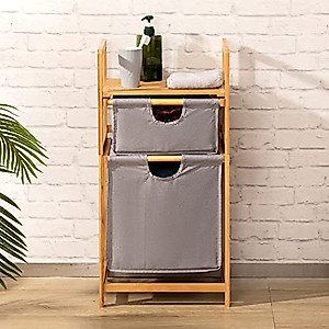 ALIMORDEN Natural Bamboo Freestanding Laundry Storage Basket, Household Laundry Basket with Bamboo Shelf, Laundry Storage Rack Dormitory, Gray