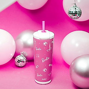Zak Designs Barbie Beacon Straw Tumbler for Travel or At Home, 24oz Stainless Steel with Vacuum Insulation and Non-Skid Base (Barbie)