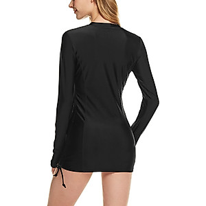 ATHLIO Women's Half-Zip Front Rash Guard, UPF 50+ Side Adjustable Long Sleeve Swim Shirts, UV/Sun Protection Swimsuit Top, Half Zip Rashguard Black, Medium