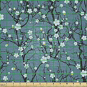 Lunarable Floral Fabric by The Yard, Sakura Tree Branches Pale Japanese Cherry Blossom Spring Form, Decorative Fabric for Upholstery and Home Accents, 1 Yard, Blue Black
