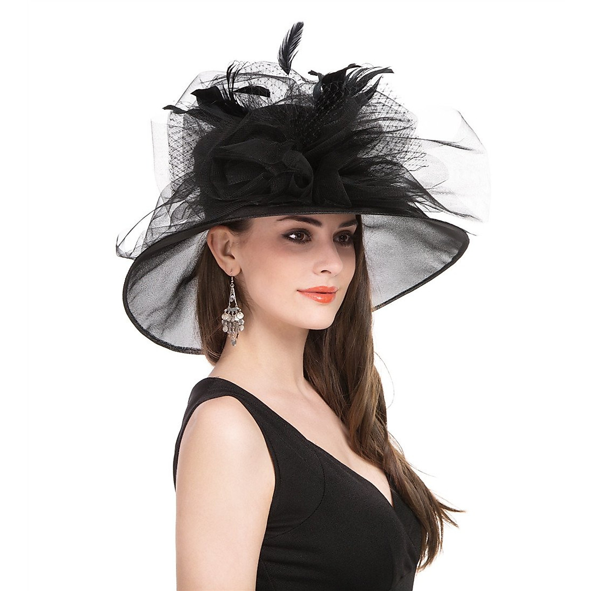 Saferin Womens Church Dress Kentucky Derby Wedding Veil Floral Tea Party Hat Black Feather Mesh Flower Free size