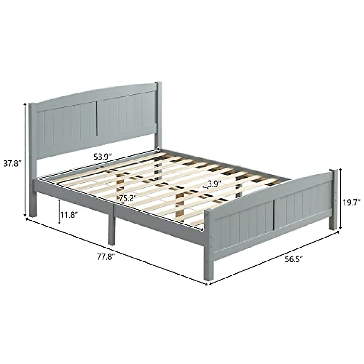 nycsuoani Full Bed Frame No Box Spring Needed Full Pine Single-Layer Core Vertical Stripe Full-Board Curved Bed Head with The Same Bed Foot Wooden Bed 77.8 x 56.5 x 37.8 in. Gray