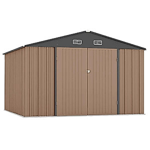 Zstar 12x10 FT Metal Outdoor Storage Shed, Steel Utility Tool Shed Storage House with Lockable Door Design, Metal Sheds Outdoor Storage for Garden, Patio, Backyard, Outside Use, Brown