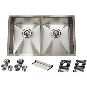 KABCO 32 Inch 16 Gauge Extra Thick Undermount Zero Radius Double Bowl Handmade Kitchen Sink with Stainless Steel Sink Strainers Bottom Sink Grids and a Rolling Grid Combo Package