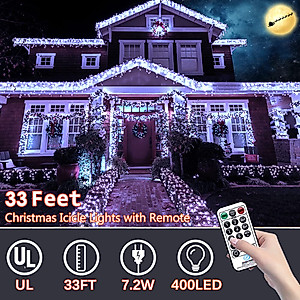 Christmas Icicle Lights Outdoor 33FT 400LED Outdoor Waterproof Holiday Decorations Lights with Remote Control, 8 Modes, Outside Christmas Lights for House, Porch, Eave, Garden Wall Decor (White)