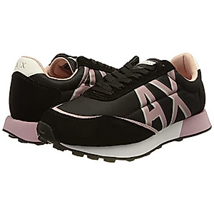 A|X Armani Exchange Women's Contrasting Lettering Logo Lace Up Sneaker with Suede Detailing, Black+Rose, 6