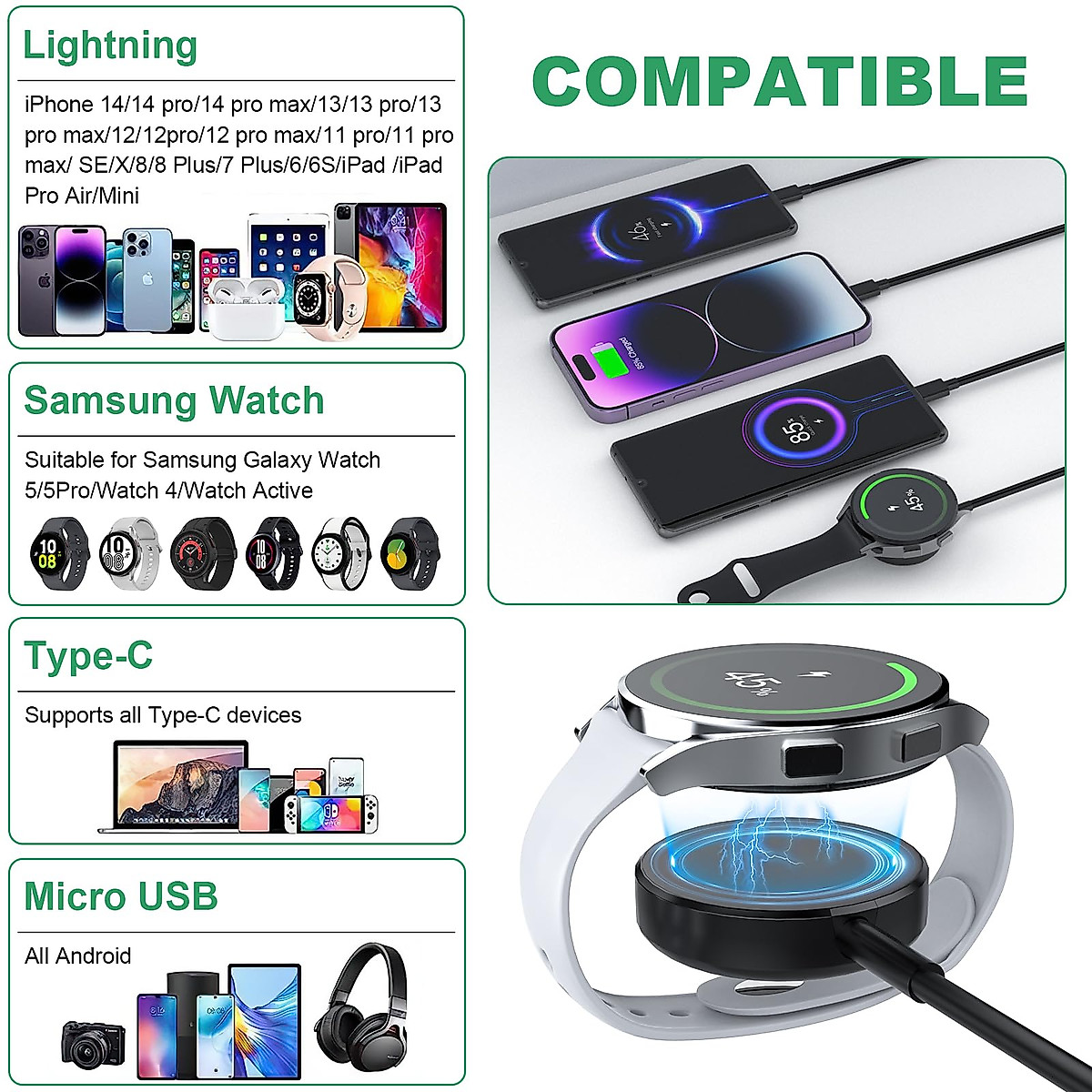 Quanlex 4 in 2 Watch Charger for Samsung Watch, USB-C, Micro USB and Lightning Cable, Galaxy Watch Charger for Samsung Galaxy Watch 3 4 5 Pro 4 Classic, Active 2 1, Galaxy S23/S22/S20, iPhone