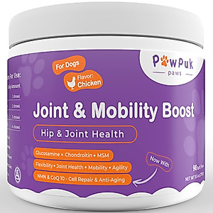 PawPuk Paws Joint & Mobility Supplements for Dogs, Glucosamine, Chondroitin, MSM – Anti Inflammation, NMN & CoQ10 - Antiaging, Green-Lipped Mussel, Turmeric