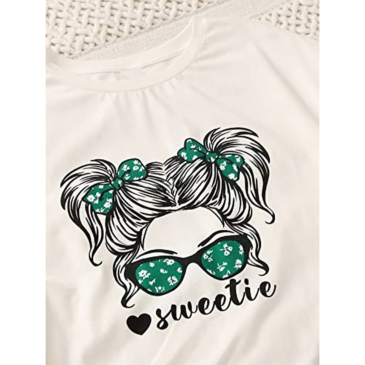 SOLY HUX Girl's Two Piece Outfits Summer Tops Short Sleeve T-Shirt Figure Graphic Tee and Pants Bell Bottom Flared Pants Set White and Green 9 Years