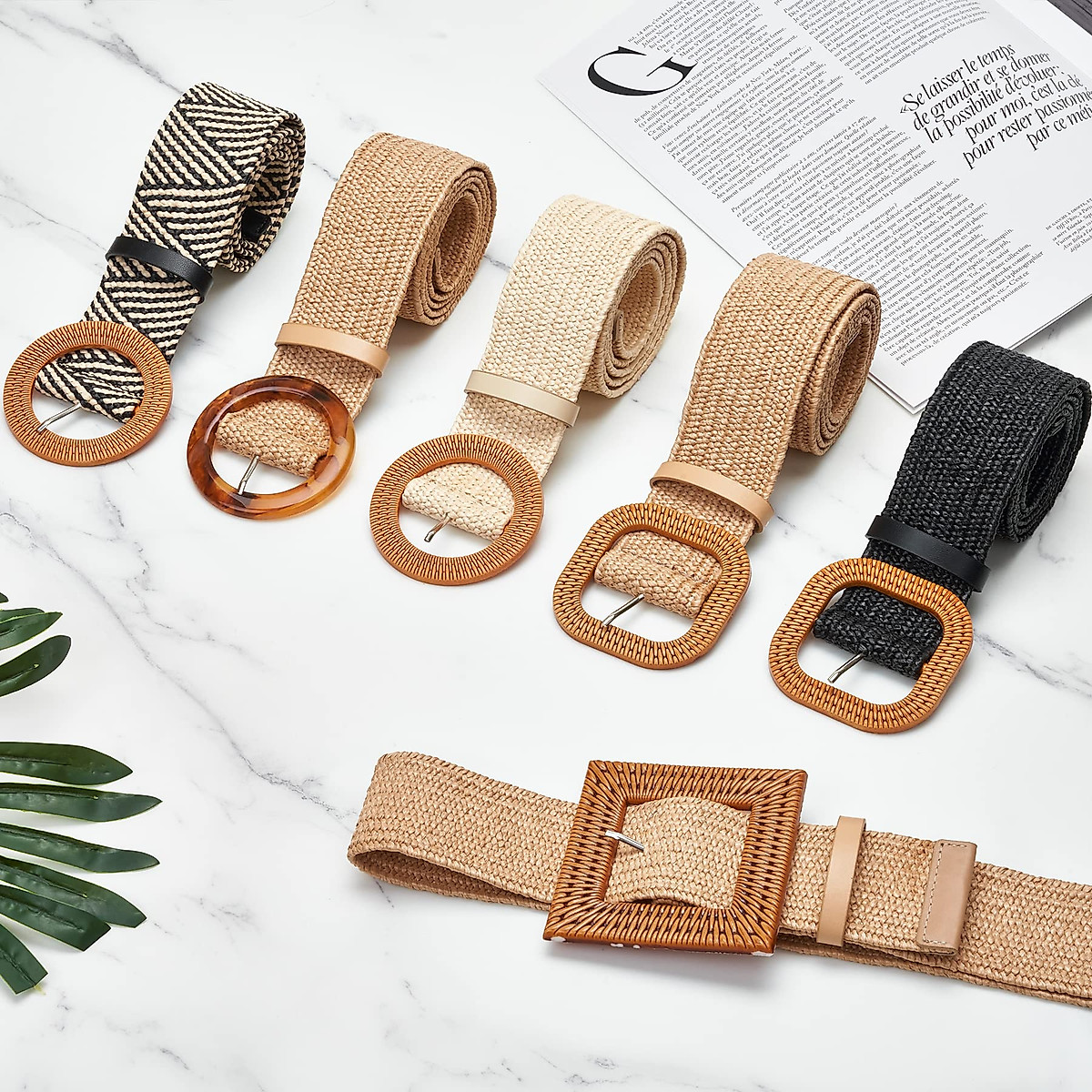 LUCHENGYI Women Straw Woven Elastic Stretch Waist Belt Skinny Boho Ladies Braided Dress Belt With Wooden Style Buckle