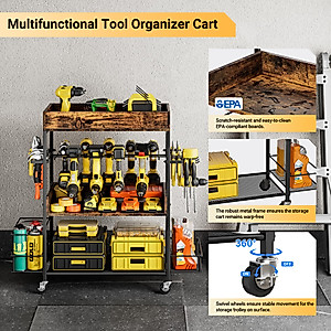 Dunatou Power Tool Organizer Cart Heavy Duty 4 Tier Rolling Tool Cart Garage Storage with Drill Rack Shelf Open Tool Chest Organizer with Wheels Workshop and Garage Ideas for Men or Dad