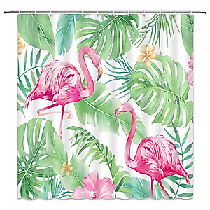 FEIERMAN Tropical Pink Flamingo Shower Curtain Art Decor Green Teal Palm Leaves Flower Modern Animal Style Bathroom Curtain Decor Set with Hooks 70x70Inches