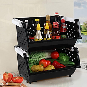 Ewingger 4-Pack Plastic Stacking Storage Basket, Stackable Organizer Baskets Bin, Black