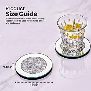 Mirrored Glass Coasters, Set of 6, Diamond Decor, Silver Wine Coaster, Elegant Mirror, Fancy, Glam, for Home Kitchen Table Bar Accessories, Round (4” x 4”)