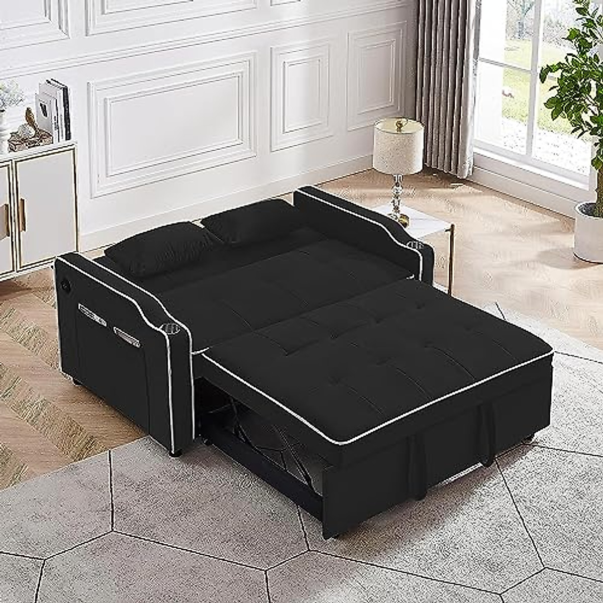 FULife Convertible 3 in1 Loveseat Sofa Futon Couch Sleeper Pullout Chaise Lounge Recliner Chair Reversible Folding Daybed Guest Bed,2-Seat Sofá,Adjustable Back,600lb Capacity, Black Velvet 55.2" w
