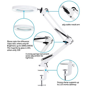LED Magnifying Lamp with Clamp, 8-Diopter, 10X Real Glass Lens, 3 Color Modes and Stepless Dimmable Magnifier Desk Lamp,Adjustable Swivel Arm Lighted Magnifying Glass for Repair Craft Close Work-White