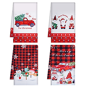 hoyuwak 4Pcs Christmas Kitchen Towels, Merry Christmas Hand Towels Bathroom Decor Soft Bufflo Plaid Snowmen Gnomes Dish Towels for Winter Holiday(24 x 16inch)