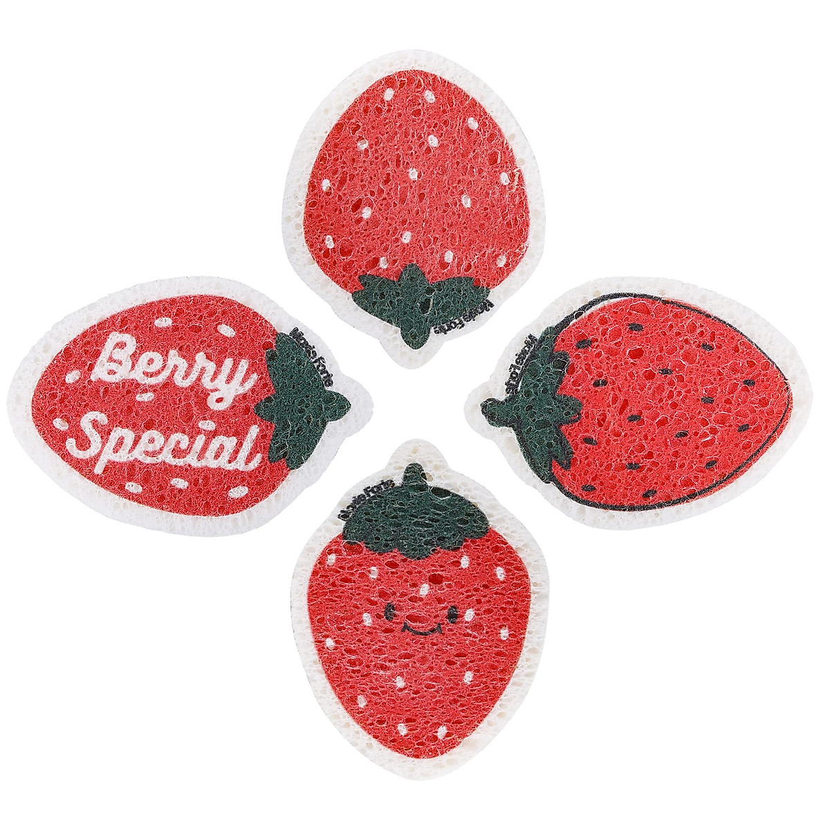 Moxie Forte 4Pack Cute Strawberry Kitchen Sponges -Berry Special Cellulose Compressed Sponges -for Dishwashing, Countertop Cleaning, Kids' Bath -Biodegradable, Odor Resistant, None Scratch