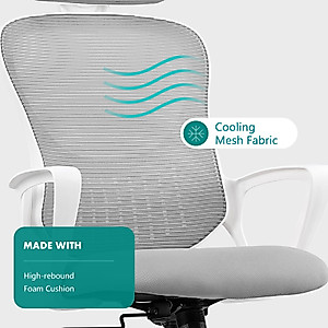 SMUG Home Office Desk Chair, Ergonomic Computer High-Back Mesh Rolling Work Task Chairs with Wheels and Adjustable Headrests, Comfy Lumbar Support, Armrest for Bedroom, Gaming, Grey