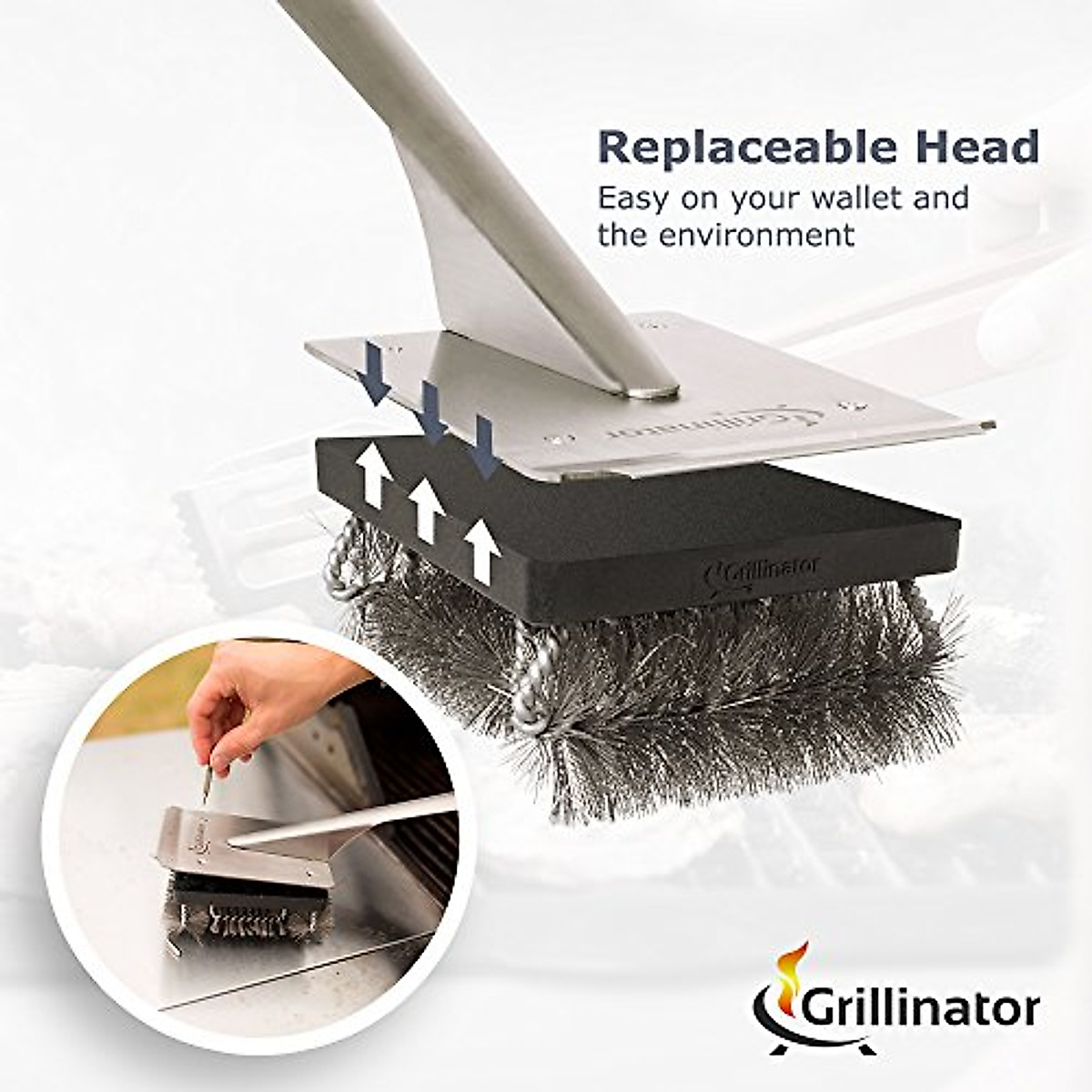 Grillinator 18" BBQ Grill Brush for Charcoal, Pellet, Infrared & Gas Grills - Dual Direction Steel Bristles Clean & Scrape The Entire Grill at The Same Time - Steel Handle & Replaceable Heads