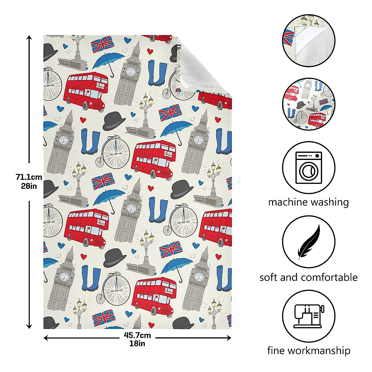 ALAZA Cartoon Big Ben Bus British Flag Kitchen Towels Dish Bar Tea Towel Dishcloths Set of 4 Super Absorbent Soft 18 x 28 inches