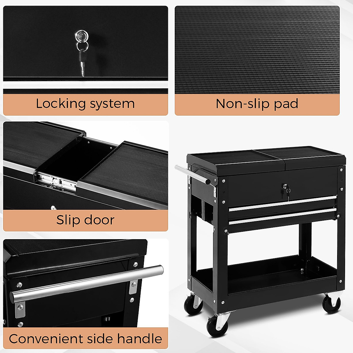 ERGOMASTER Utility Service Cart Tool on Wheels Heavy Duty Metal 4 Tiers Shelves with Drawers Tool Storage Organizer for Warehouse,Garage and Workshop