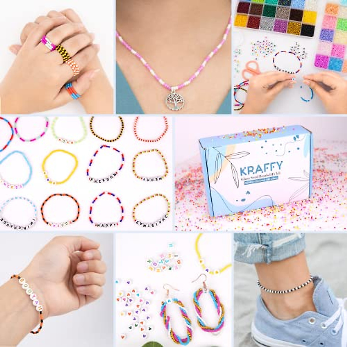 KRAFFY 35000+Pcs 2mm Glass Seed Beads for Jewelry Making, Bracelets, Rings, Necklace, Waist Chains - Small Beads Set with Charms Letters and Hearts - Women Girls Kids DIY Beading Kit