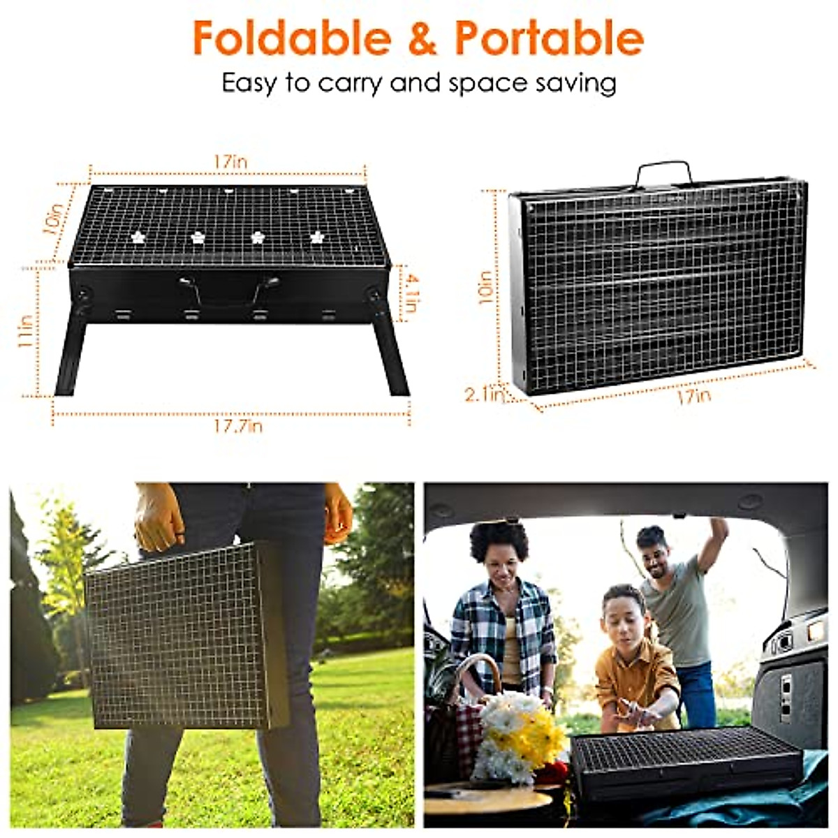 Folding Portable Barbecue Charcoal Grill, Stainless Steel Barbecue Desk Tabletop Outdoor Lightweight Smoker Grill for Outdoor Cooking Camping Hiking Picnics Beach Garden Grilling