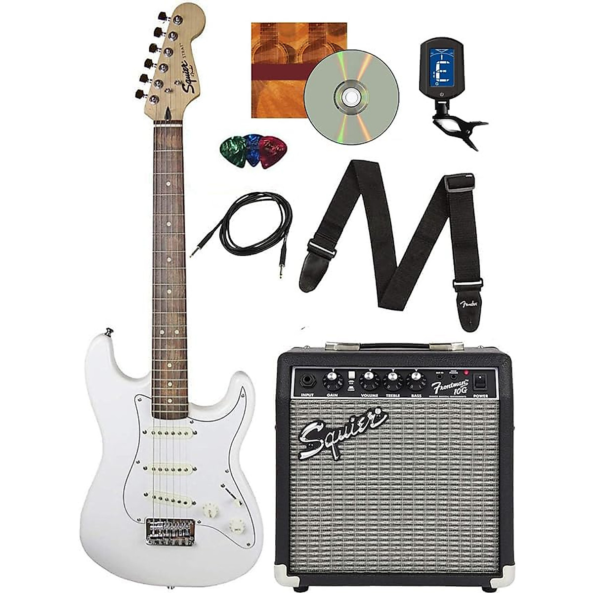 Fender Squier 24-Inch Short Scale Strat Pack - Transparent Red Bundle with Frontman 10G Amplifier, Tuner, Instrument Cable, Strap, Picks, Online Lessons, and Austin Bazaar Instructional DVD