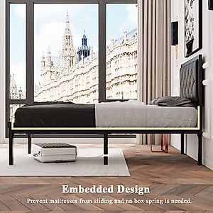 Feonase Twin Size Metal Bed Frame with Faux Leather Button Tufted Headboard, Heavy-Duty Platform Bed Frame with 12" Storage, Steel Slats Support, No Box Spring Needed, Noise Free, Black