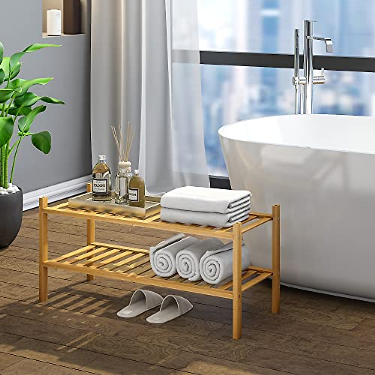 BMOSU 2-Tier Bamboo Shoe Rack Premium Stackable Shoe shelf Storage Organizer For Hallway Closet Living Room Entryway Organizer (Natural Bamboo)