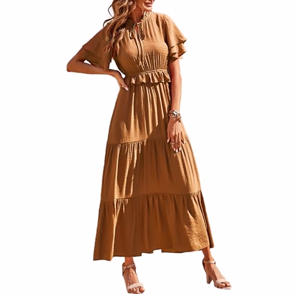 PRETTYGARDEN Womens Summer Boho Maxi Dress Short Sleeve V Neck Ruffle Trim High Waisted Tiered Party Flowy Long Dresses 2023 (Coffee, Large)