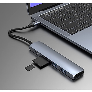 Port Expander USB C Hub 6 in 1 USB-C Dock Type C Hub Multiport Adapter with 60W PD Charging, HDMI, 2 USB 3.0 Ports, SD/TF Card Reader USB Splitter (Color : Silver)