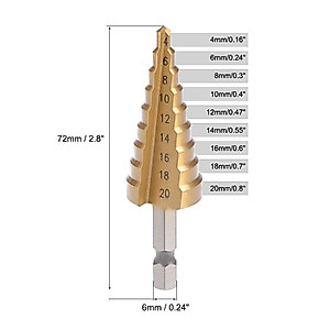 uxcell Step Drill Bit HSS 4241 4mm to 20mm 9 Sizes Titanium Coated Straight Flutes Hex Shank for Metal Wood Plastic