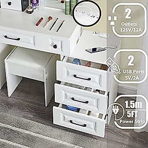 JBLCC Makeup Vanity with Lights Mirror, Makeup Table Set Vanity Mirror with Lights, Vanity Desk with Storage Shelves, Drawers, Modern Vanity Table for Bedroom (42550USB)