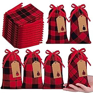 Aneco 24 Pieces Mini Buffalo Plaid Christmas Bags 5.9 x 3.9 Inches Red and Black Cotton Xmas Present Drawstring Bags with 24 Pieces Kraft Tags for Christmas Gifts Candy Cookies