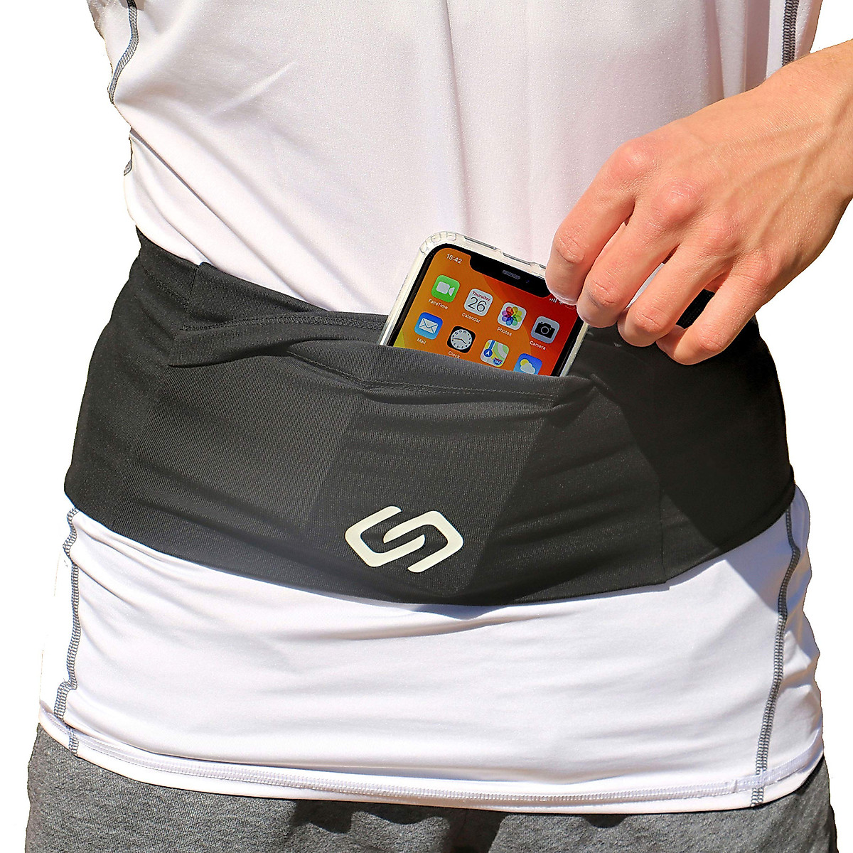 Sporteer VersaMod Running Belt, Workout Waist Pack, Travel Money and Passport Belt for Smartphones and Personal Items (Large, Black)