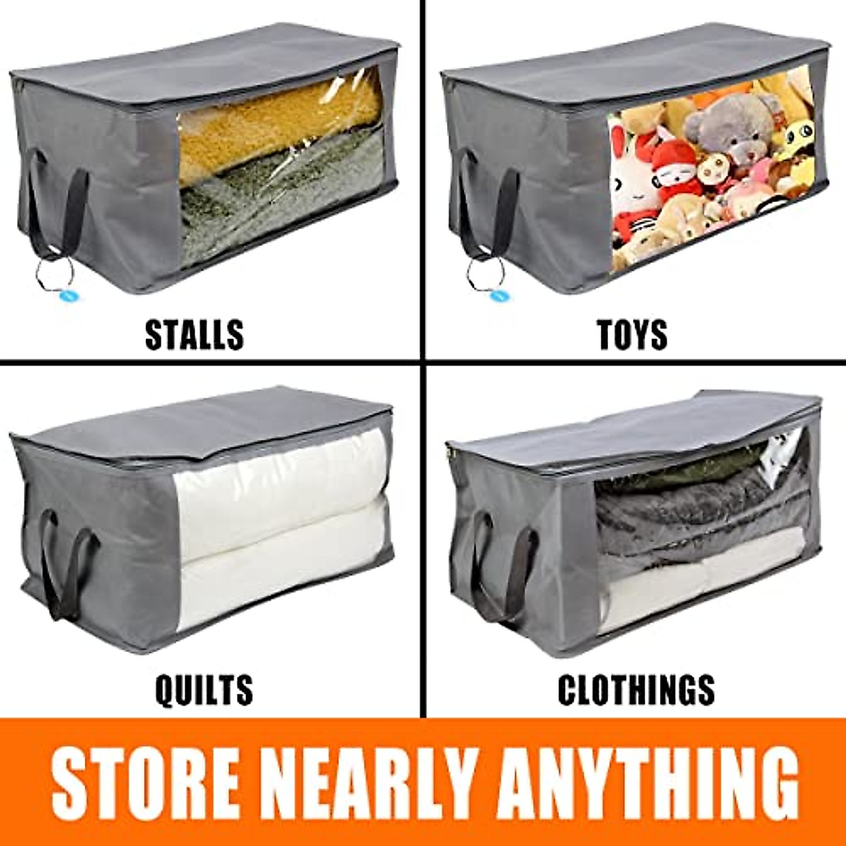 Casaphoria 4pcs Large Capacity Thick Fabric Clothes Storage Bag for Organizing Bedroom,90L Reinforced Handles Foldable Blanket Zipper Container,Closet Storage Baskets Stackable for Wardrobe,Dustproof