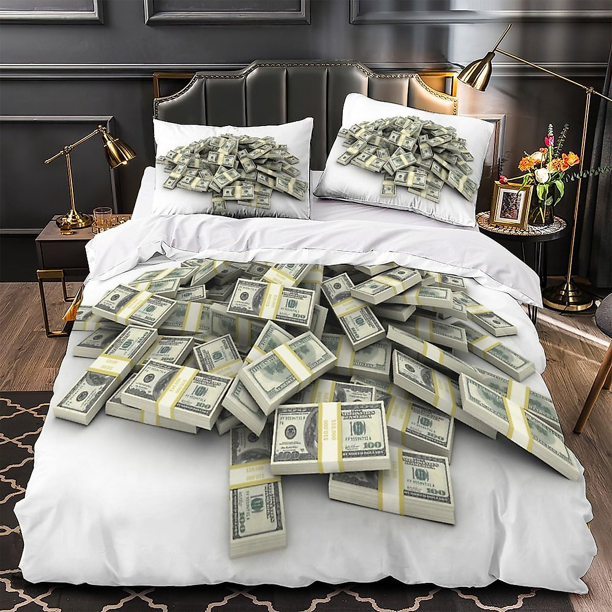 Dollar Currency Bed 3-Piece Theme Decoration, Fun Art Quilt Cover, Banknote Theme Decoration Bed Duvet Cover, Bedroom Room Personality Decoration 3-Piece Set Single（135x200cm）
