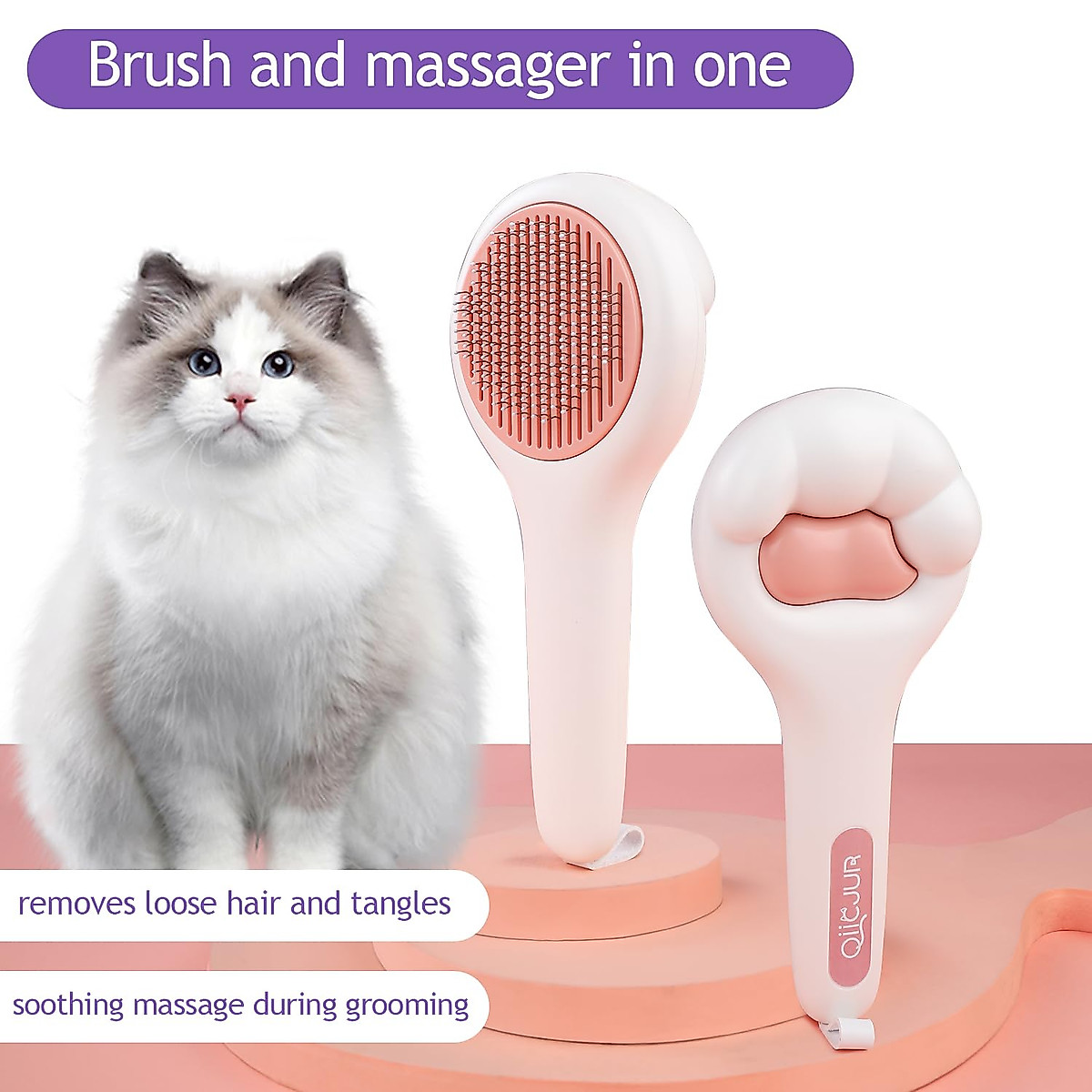 QIICJUR Cat Brush for Long or Short Haired Cats and Dogs, Self Cleaning Pet Hair Brush, Removes Loose Fur, Tangles, Mats, Dander, Dirt, Provides Relaxing Massage, Pink White
