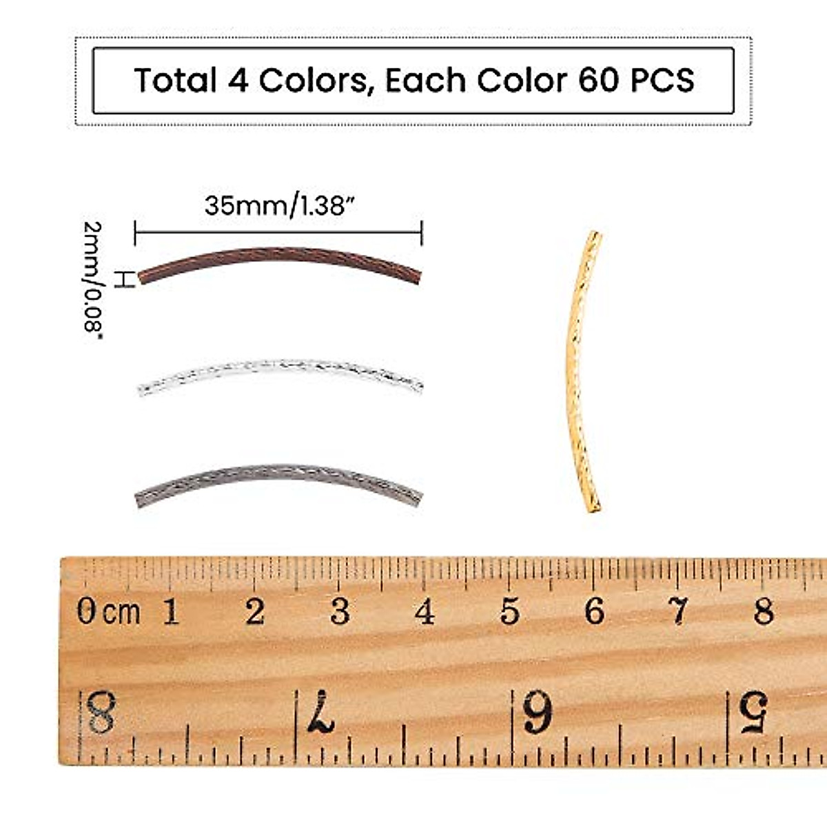 PH PandaHall 240pcs 4 Colors Curved Noodle Tube Beads 35mm Sleek Twist Curved Long Tube Spacer Beads for DIY Wrist Bracelet Anklet Necklace Earring Jewelry Making