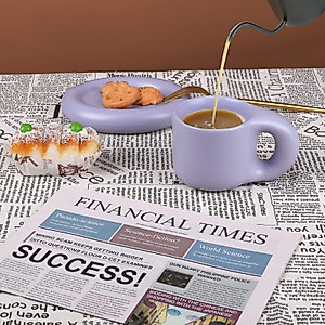 Koythin Ceramic Coffee Chubby Mug Saucer Set, Creative Cute Fat Handle Cup with Saucer for Office and Home, Dishwasher and Microwave Safe, 10 oz for Latte Tea Milk (Light Purple)