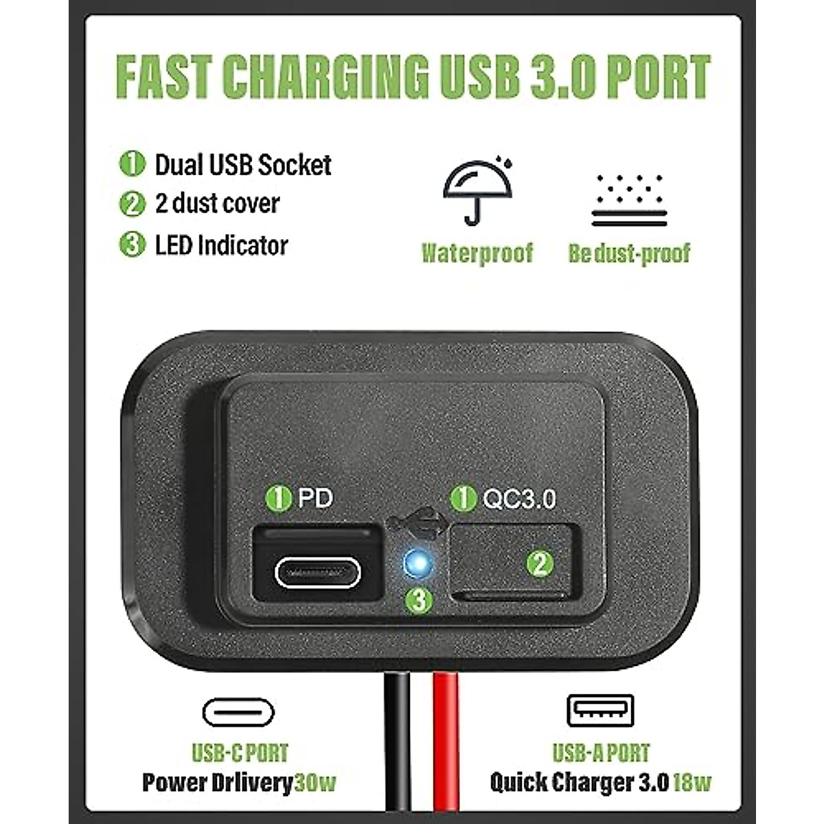 ESEWALAS 12V/24V USB Outlet,Dual PD3.0 Type-C (USB C) & Quick Charge QC3.0 USB-A Port Panel Mount,Car Charge Adapter 12V Quick Car Charger Socket Power Outlet,Car USB Socket (2PCS)