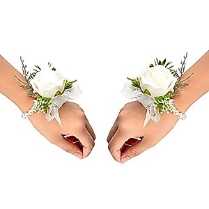 GOESUP 2 Pack Wedding Wrist Flower Floral Ivory Rose Wrist Corsage Hand Flowers for Wedding Engagement Bride Bridesmaid (White)