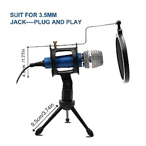 LOOYUAN Blue Condenser Recording Microphone 3.5mm Plug and Play PC Microphone, Broadcast Microphone for Computer Desktop Laptop MAC Windows Online Chatting Podcast Skype YouTube Game（Blue
